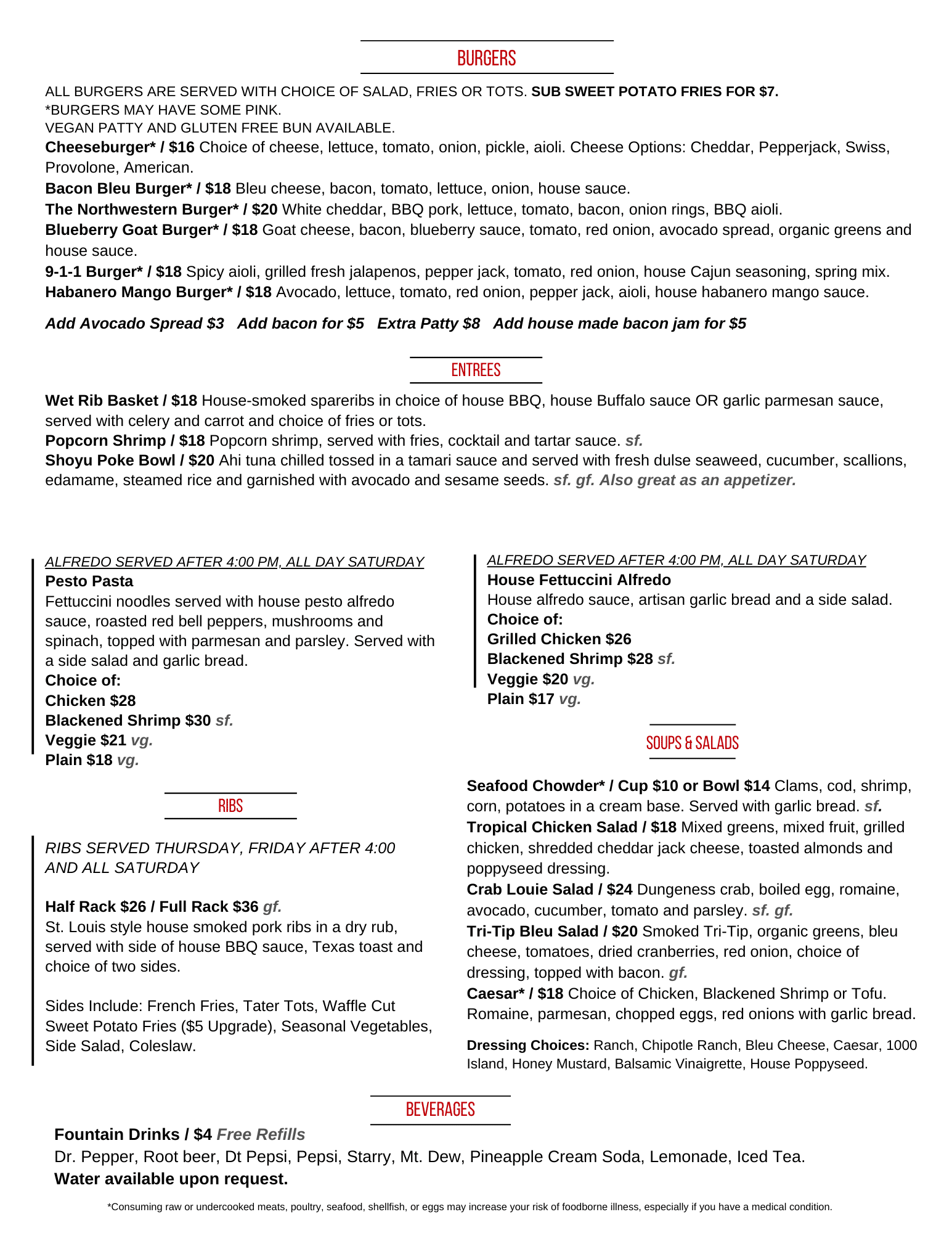 Lunch, Dinner, & Kids Menus for Tillamook Bay, Oregon Coast.